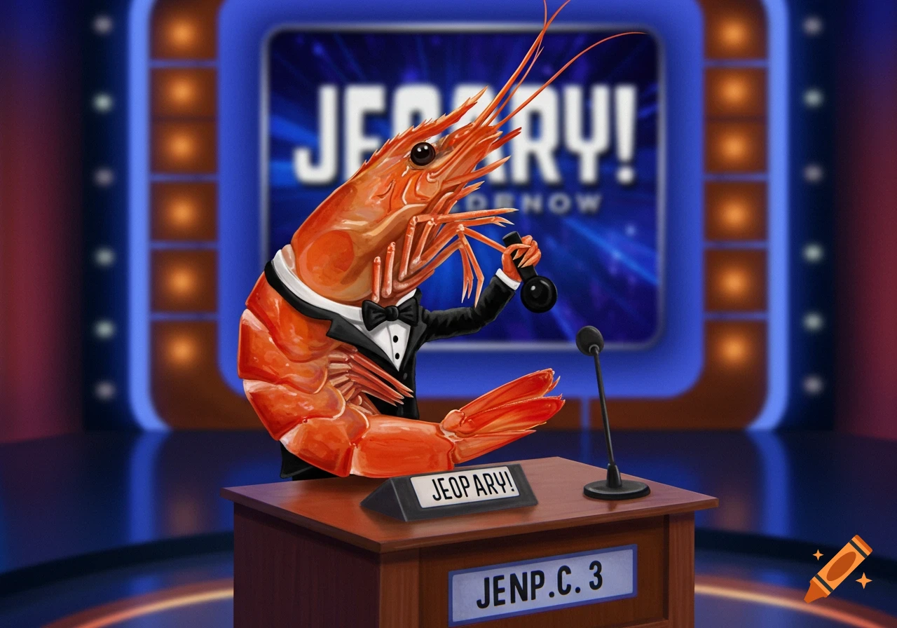 A shrimp in a tuxedo holds a microphone at a podium on a game show ...