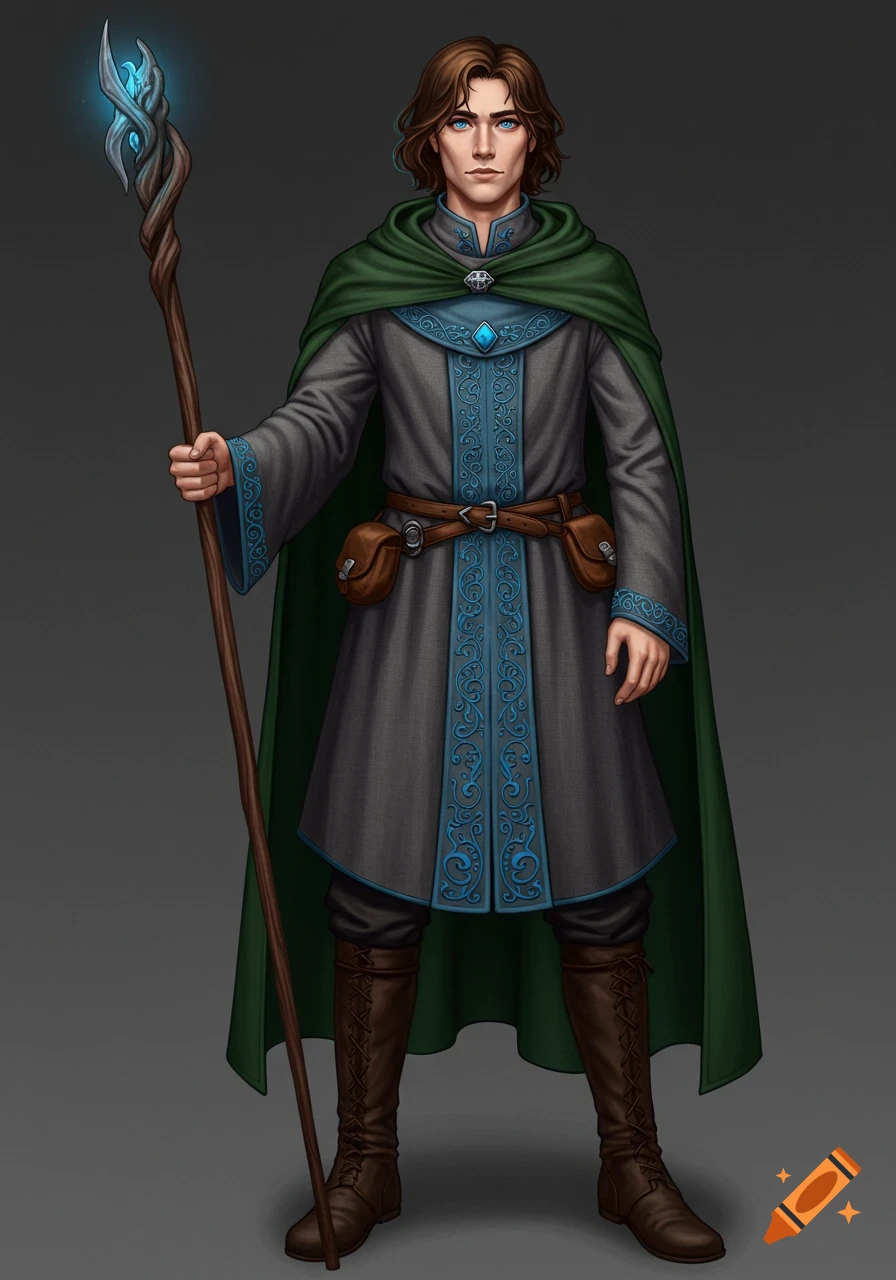 A human male fantasy character wearing a grey robe and green cloak ...
