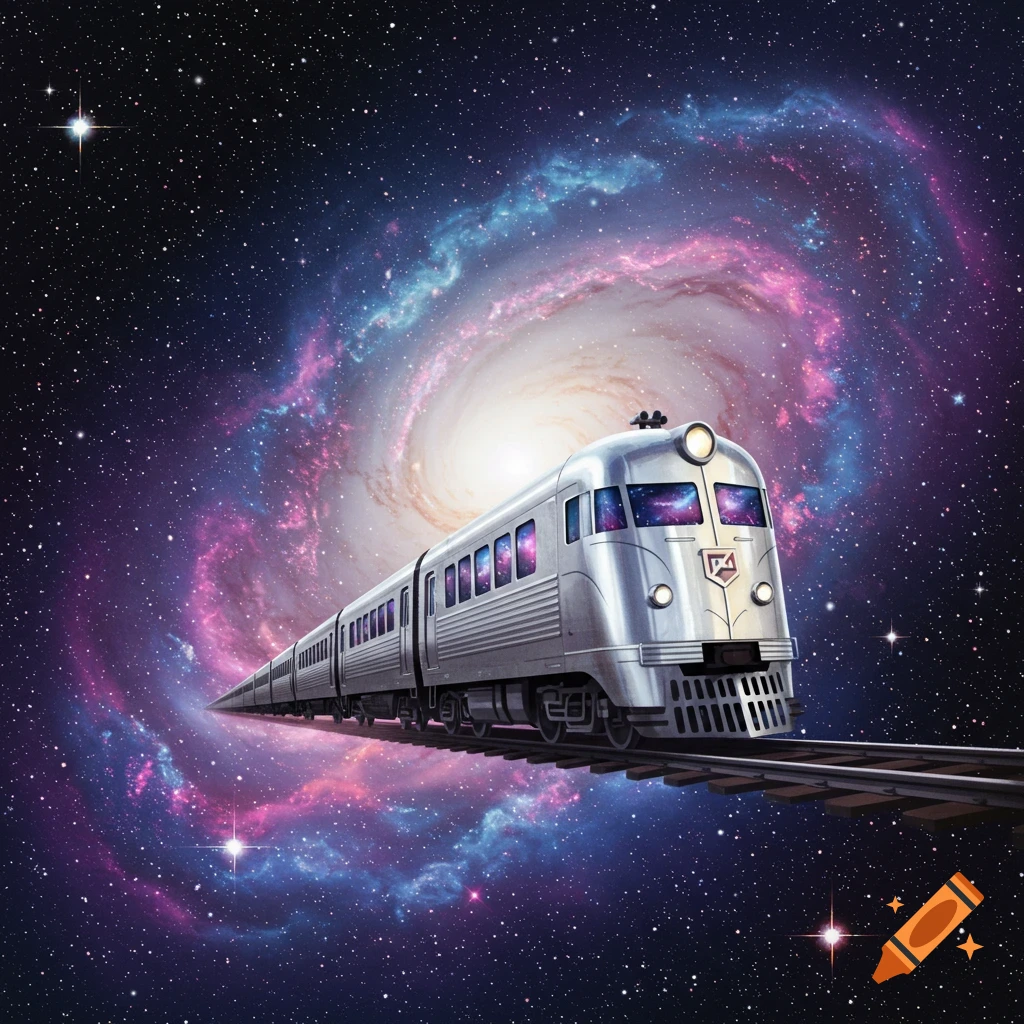 Silver train on tracks in space with a galaxy behind it, retro art deco style. on Craiyon