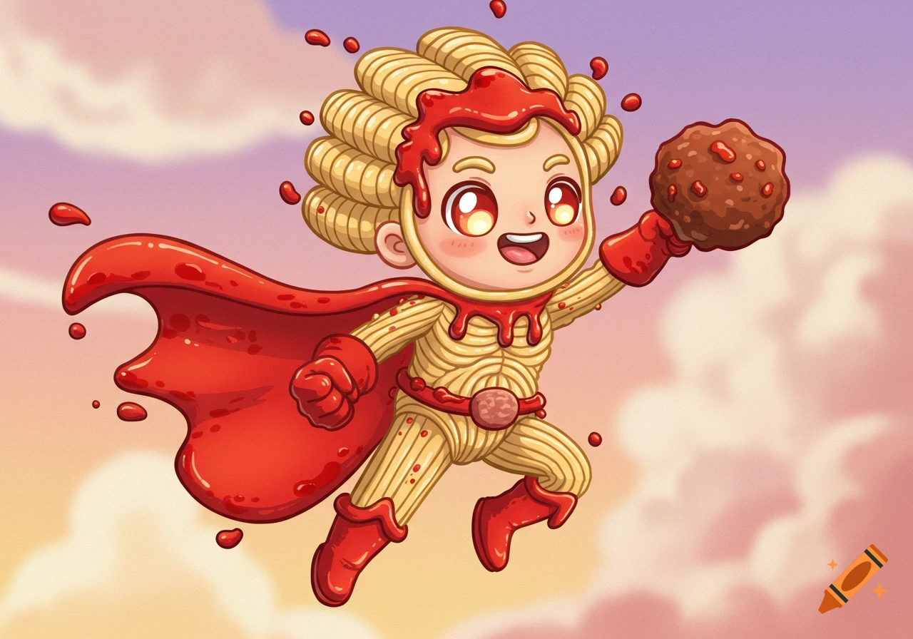 A cutesy cartoon spaghetti superhero flies in the sky holding a ...