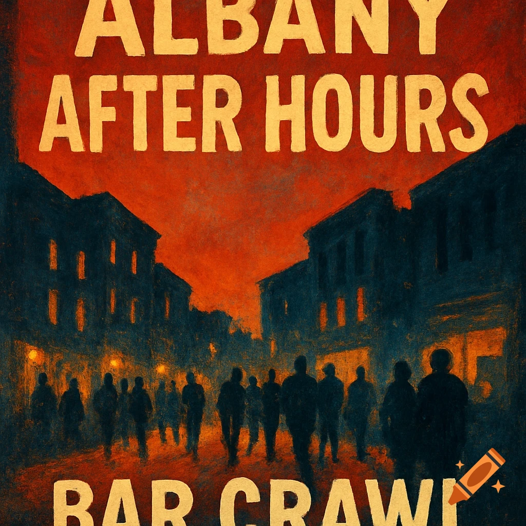 Stylized poster for 'Albany After Hours Bar Crawl' showing people on a ...