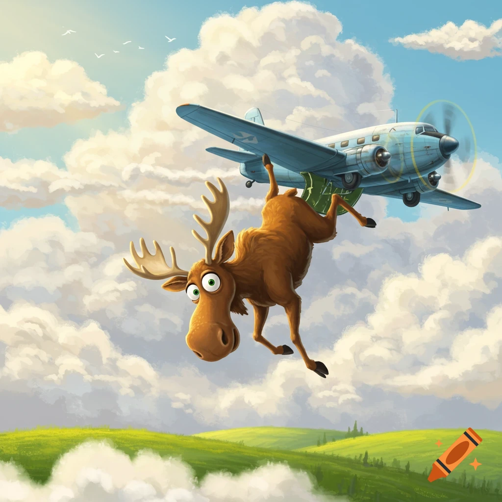 Cartoon moose falling from a blue airplane in a cloudy sky over green ...