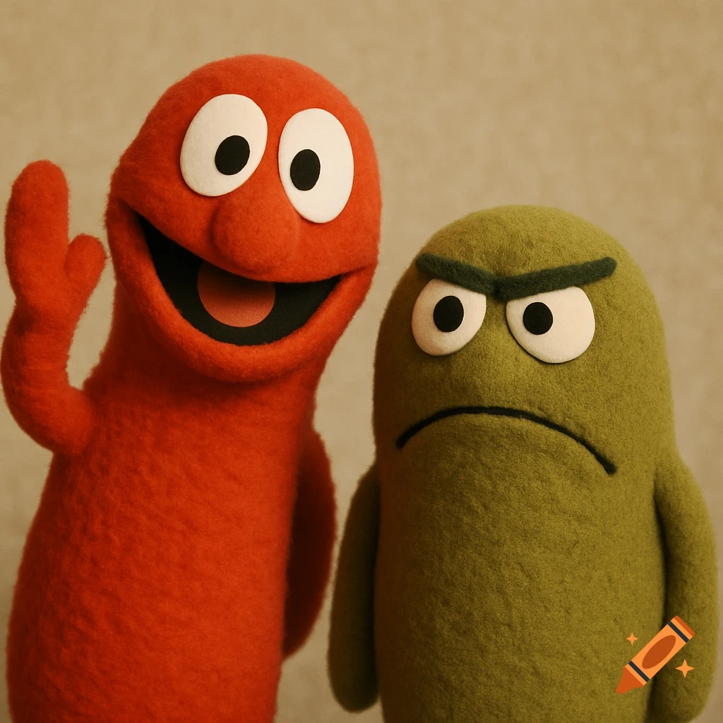 An orange puppet smiles and waves next to a green puppet with a sad ...