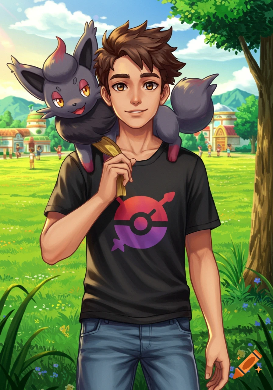 Illustration of a young man with a Zorua on his shoulder in a grassy ...