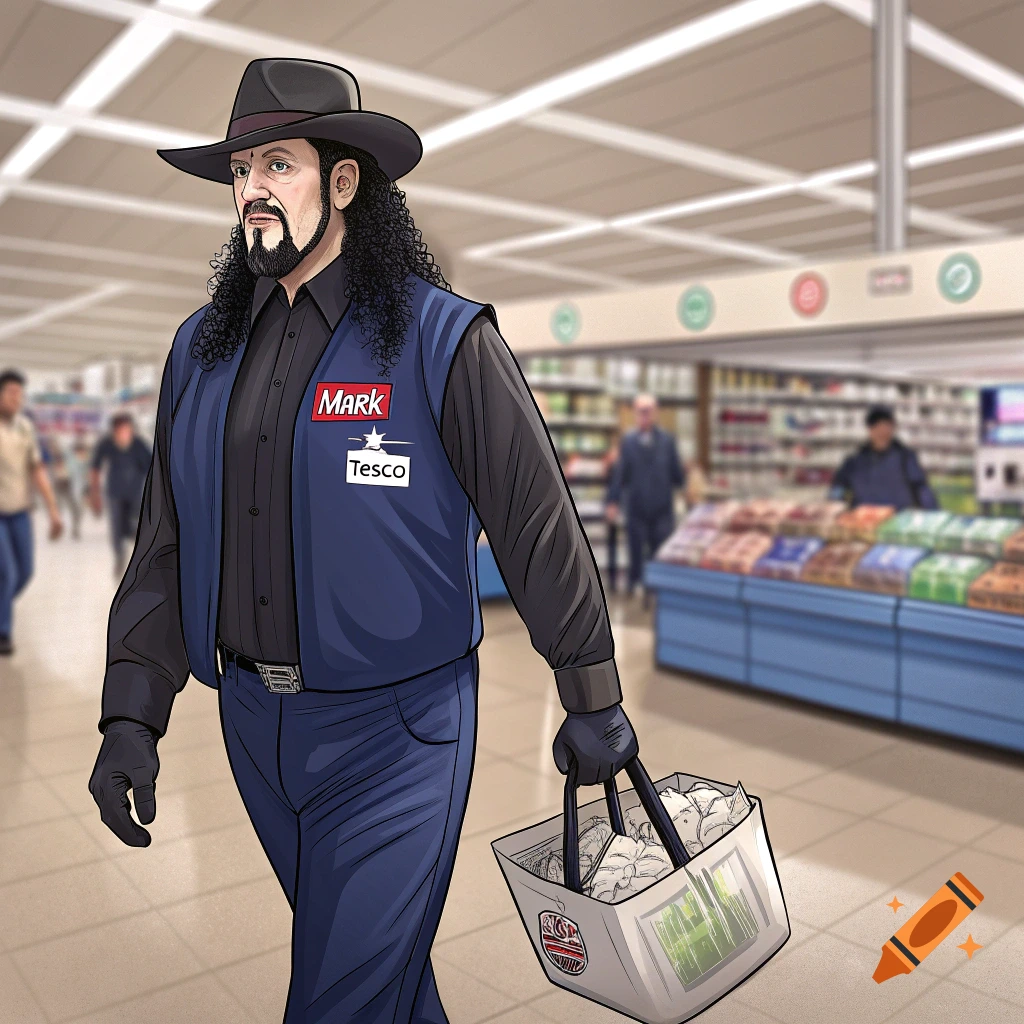 Illustration of a character resembling The Undertaker wearing a Tesco ...