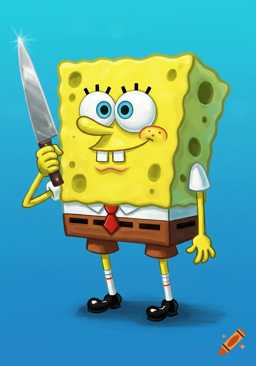 Spongebob Squarepants holds a large knife in a cartoon illustration. on ...
