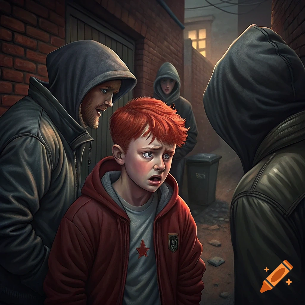 Scared red-headed boy confronted by three hooded figures in a dark ...
