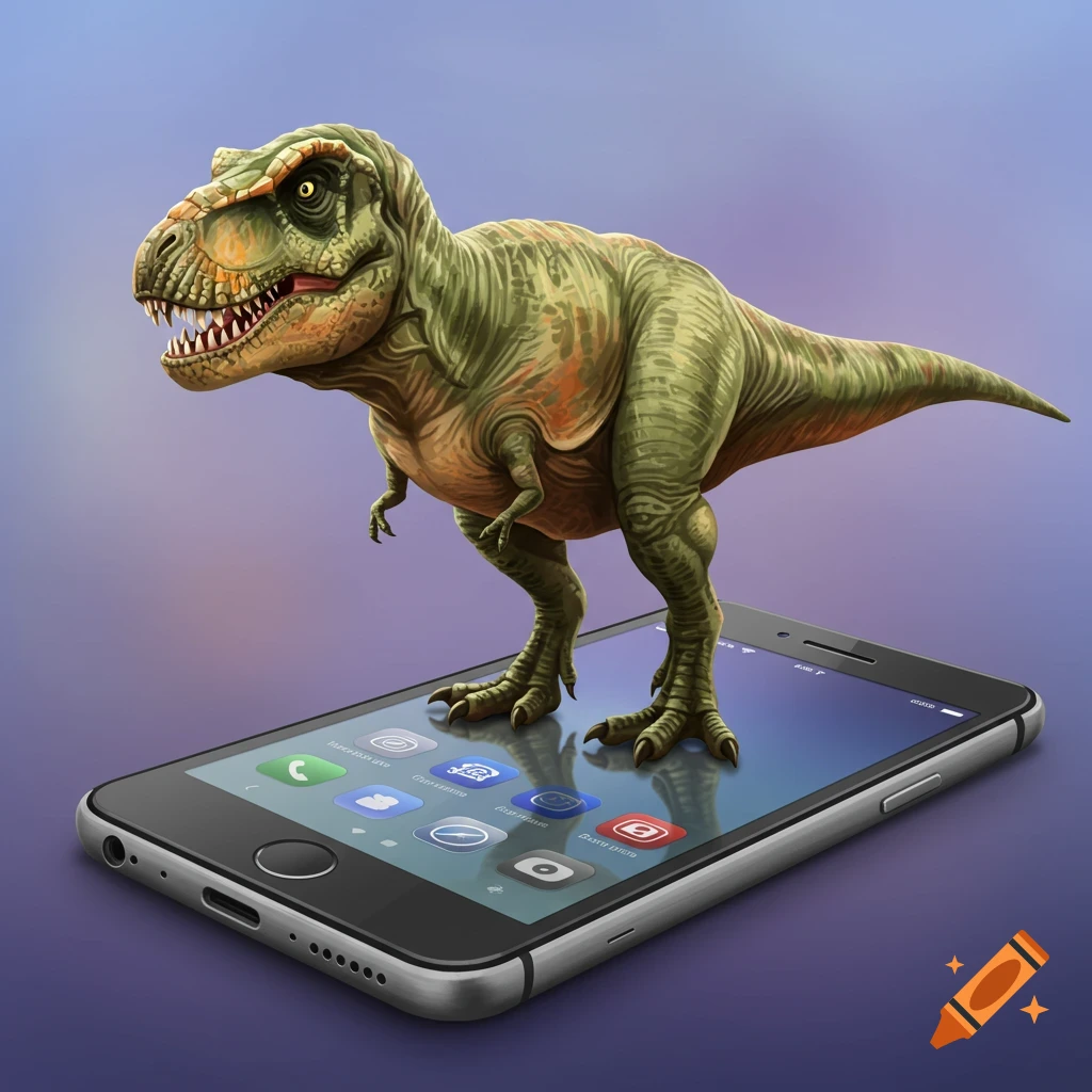 Tyrannosaurus Rex standing on a cell phone screen with apps ...