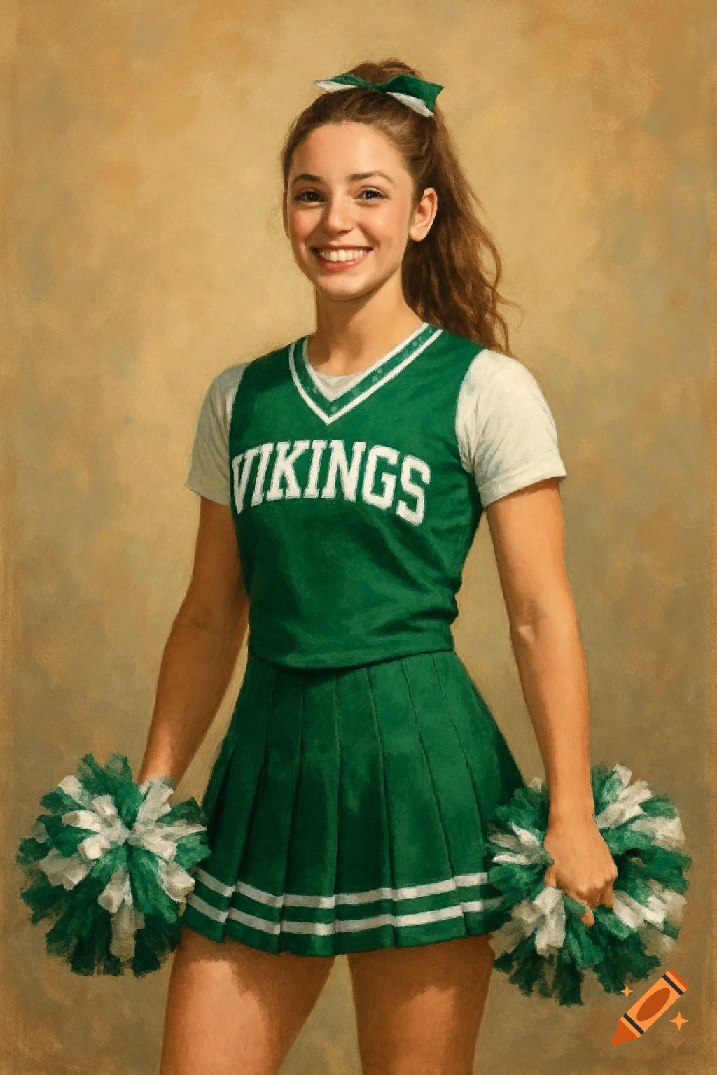A portrait of a young woman in a green cheerleader uniform holding pom ...