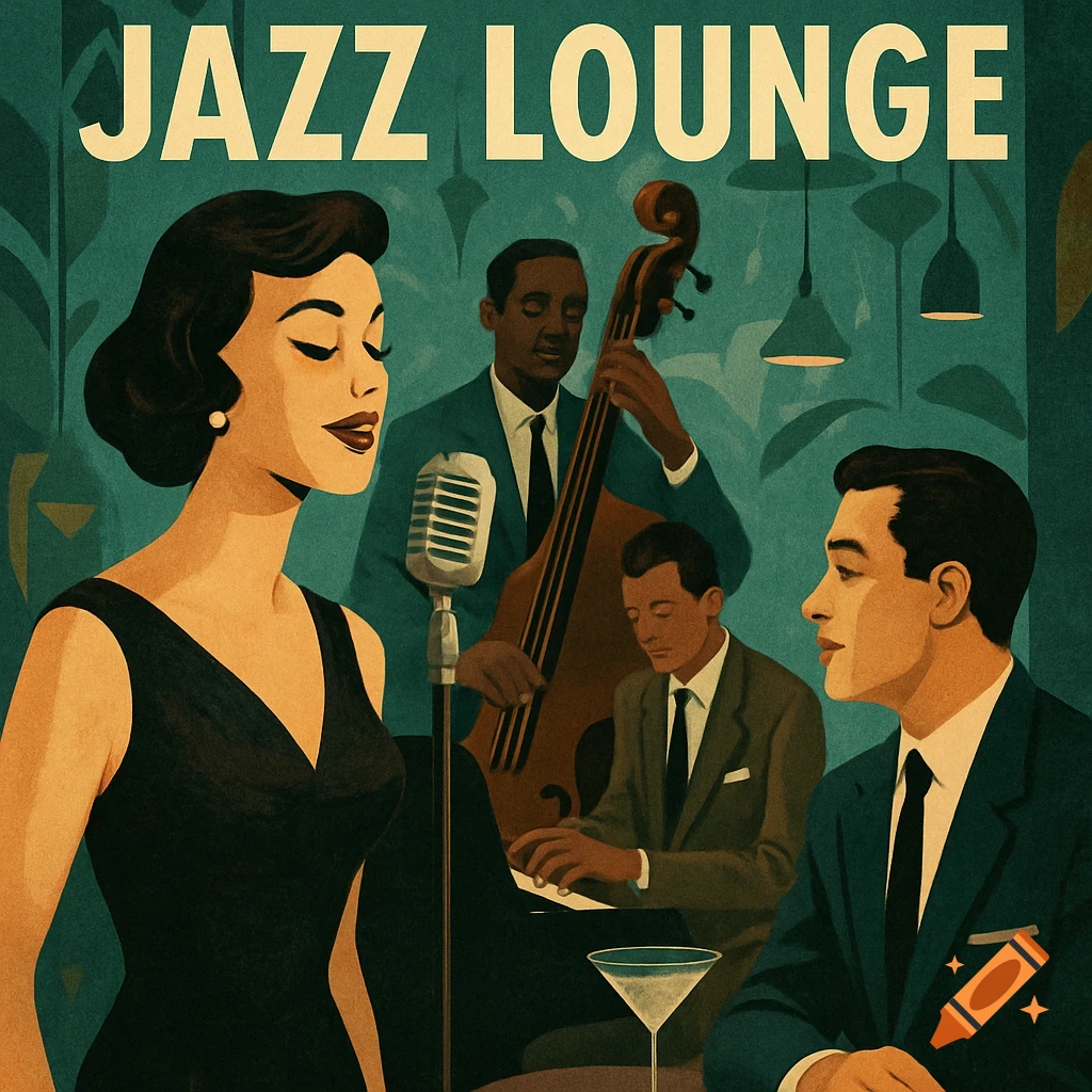 Retro art of a singer, bassist, and pianist in a jazz lounge with 'JAZZ ...