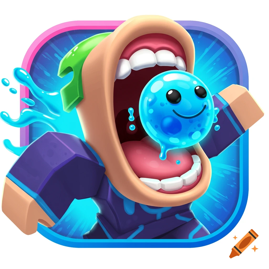 Cartoon game icon of a wide open mouth eating a happy blue blob. on Craiyon