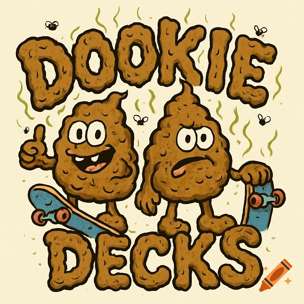 Cartoon image of two poop characters holding skateboards with flies ...