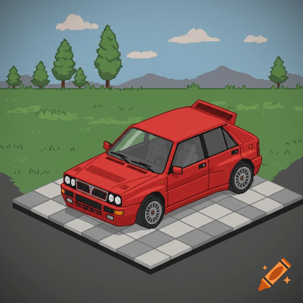 Red Lancia Delta Integrale car in isometric 8bit pixel art style on a ...