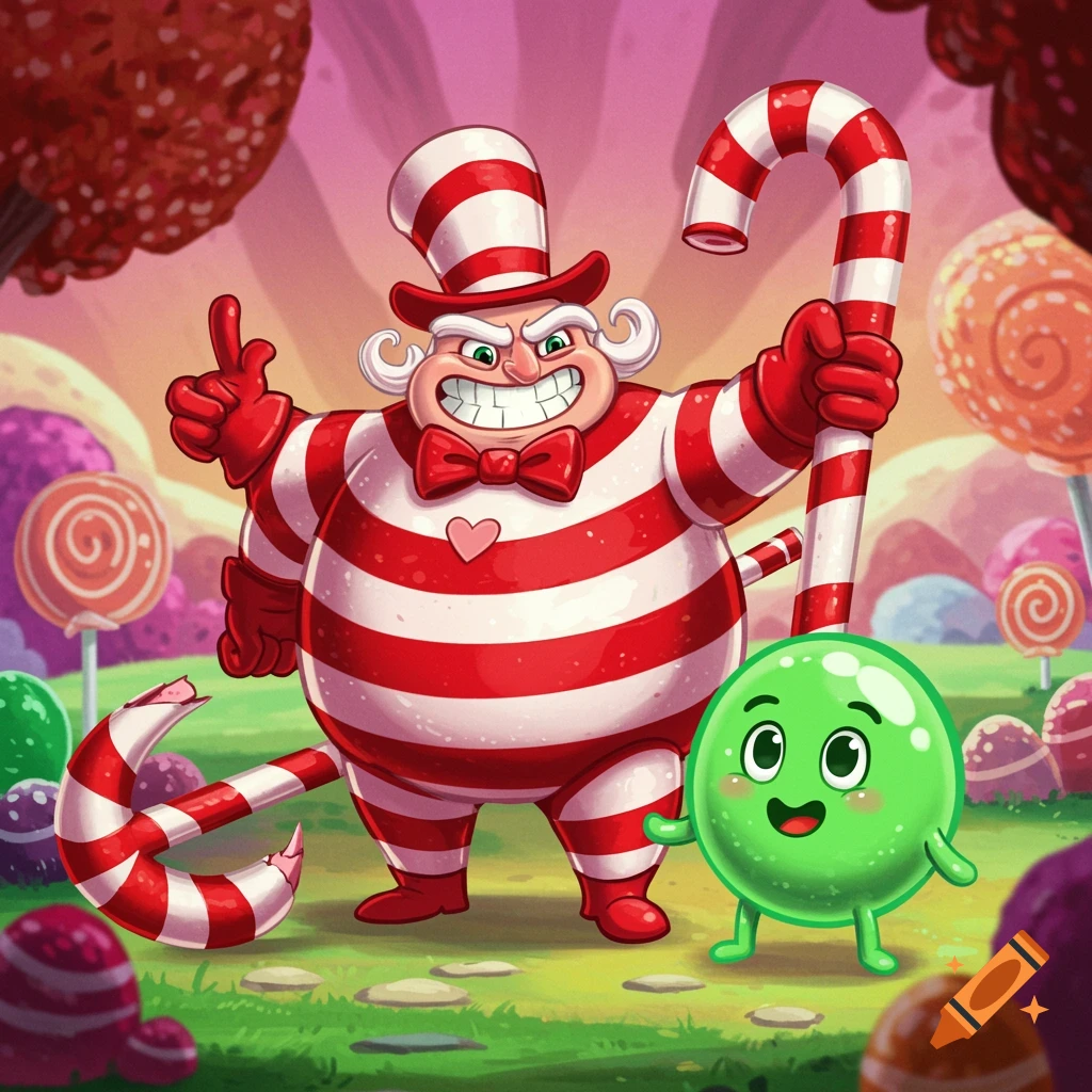 Cartoon candy cane villain character with a green gumdrop friend in a candy land. on Craiyon