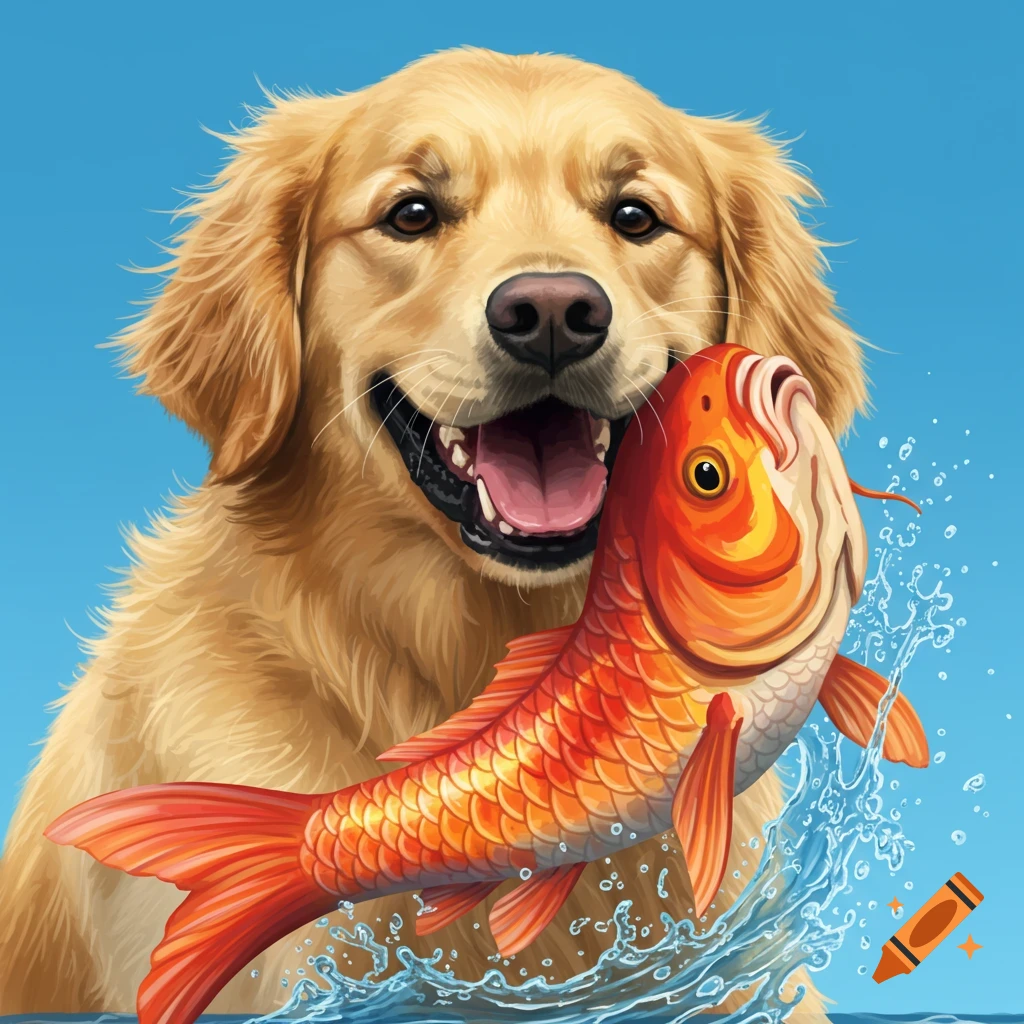 A golden retriever holding a fish in its mouth jumps out of the water ...