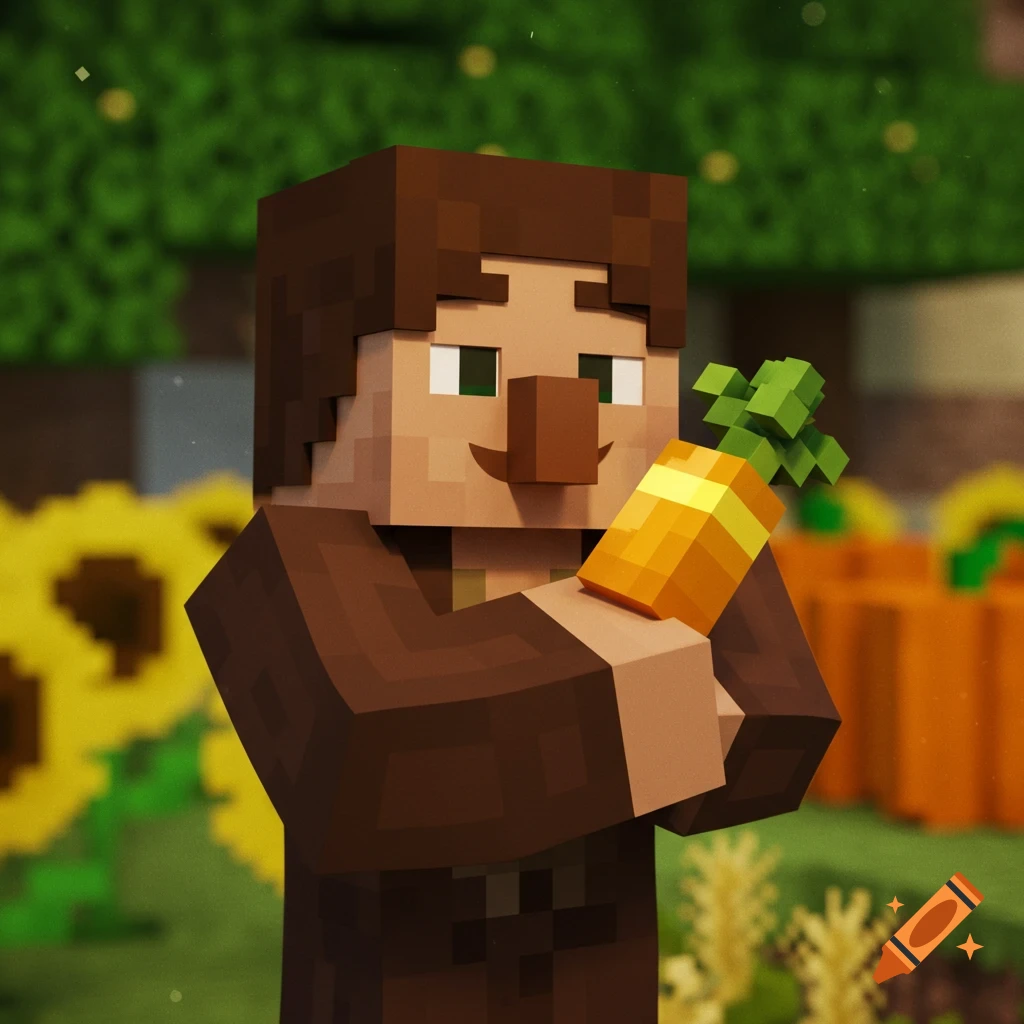 A blocky Minecraft villager character holds a carrot in a farm setting ...