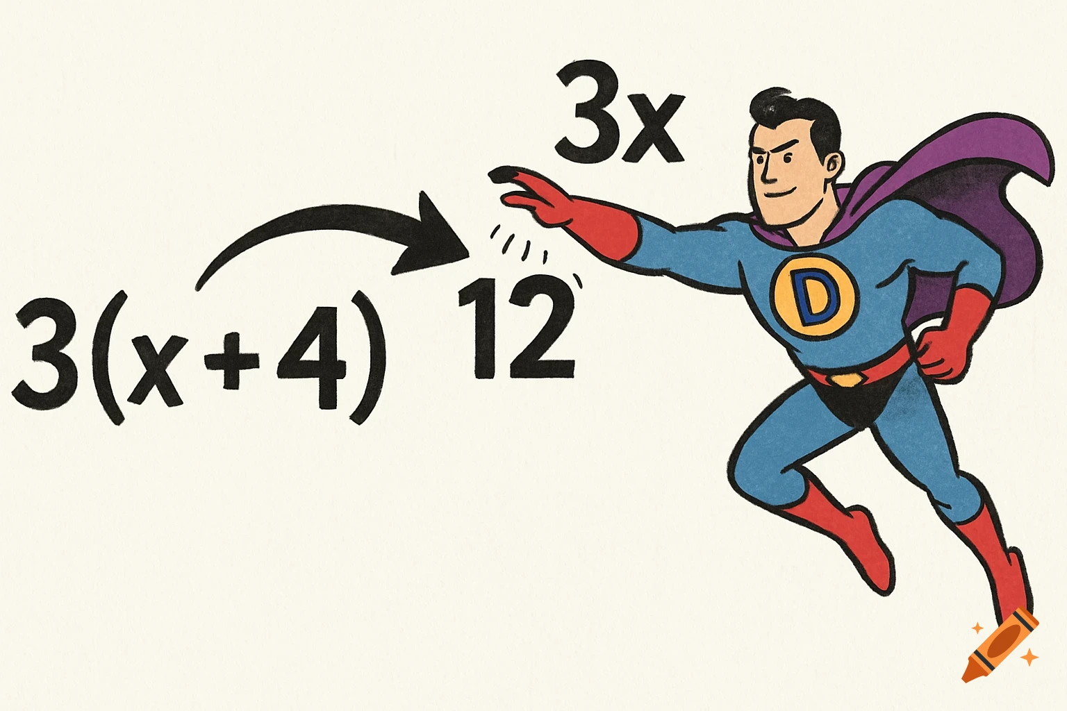 Cartoon superhero next to a math problem showing 3(x+4) expanding to 3x ...