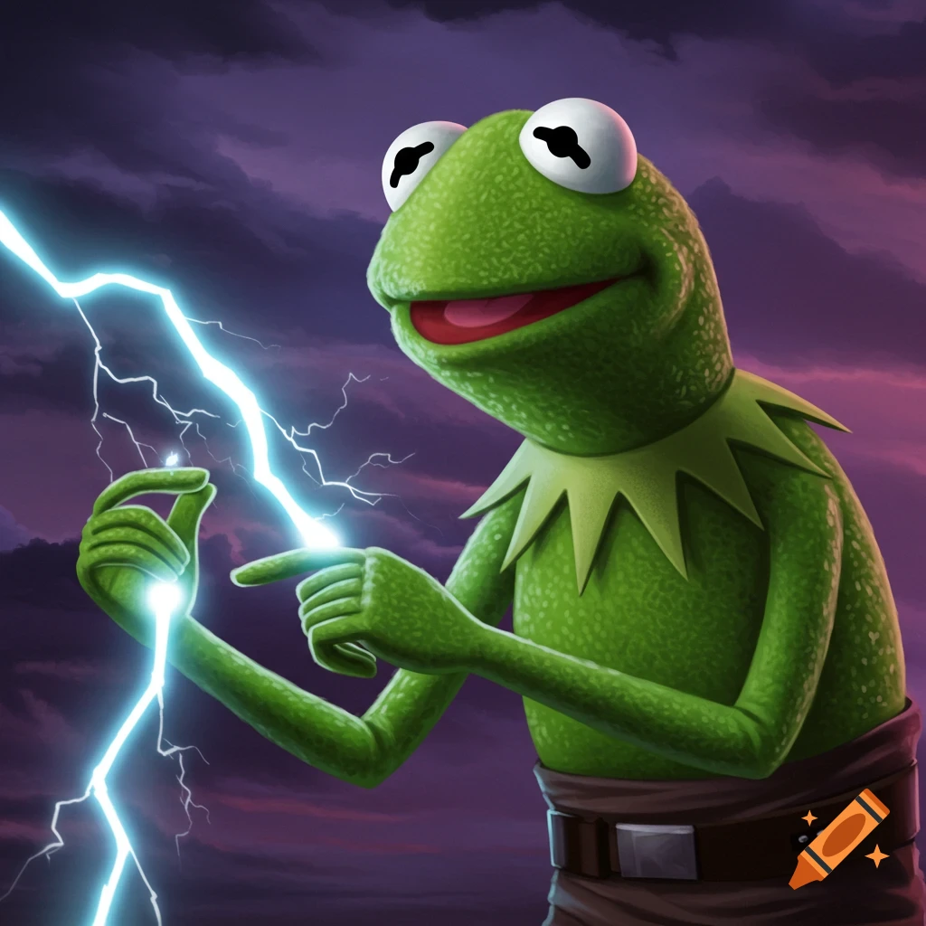 Kermit the Frog holds and shoots a bolt of lightning against a stormy purple sky. on Craiyon