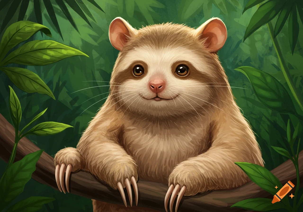 Cute sloth-mouse-hamster creature sits on a branch in a jungle ...