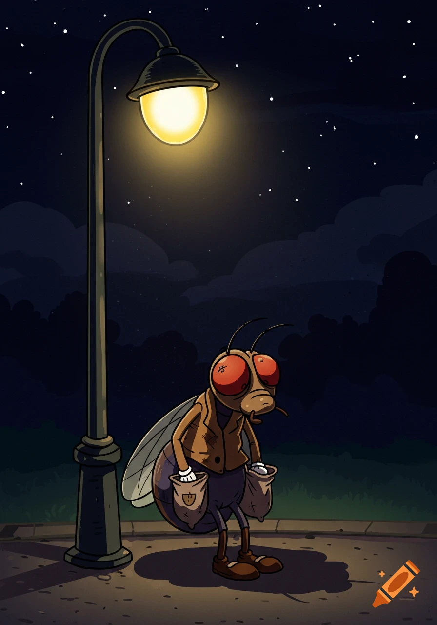 A sad cartoon fly with empty pockets stands under a street lamp at ...