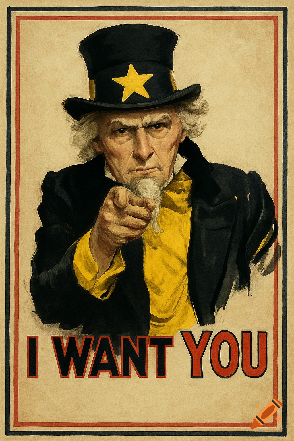 Uncle Sam points forward in a black jacket and yellow shirt below the ...