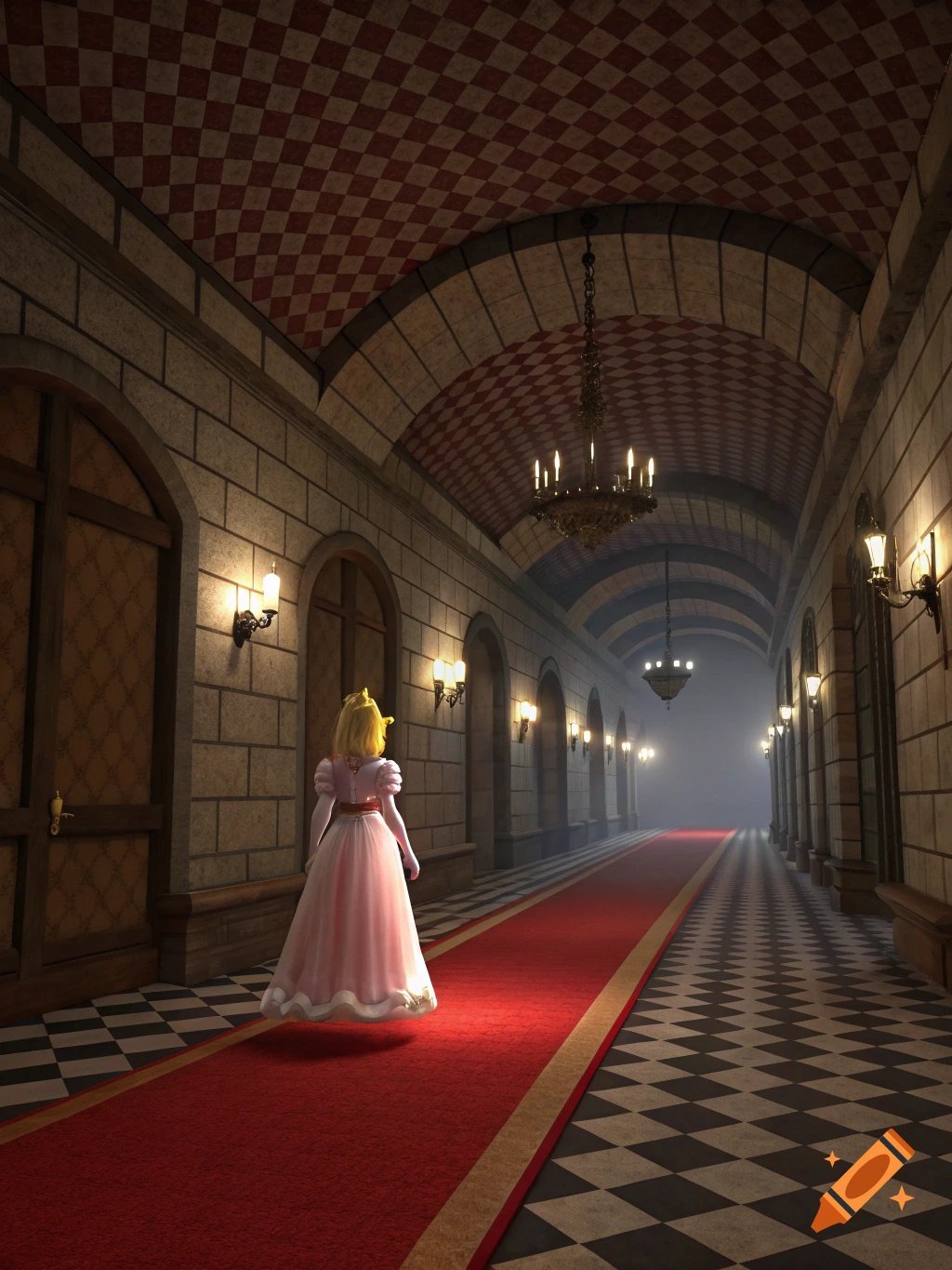 A character resembling Princess Peach walks down a dark castle corridor ...