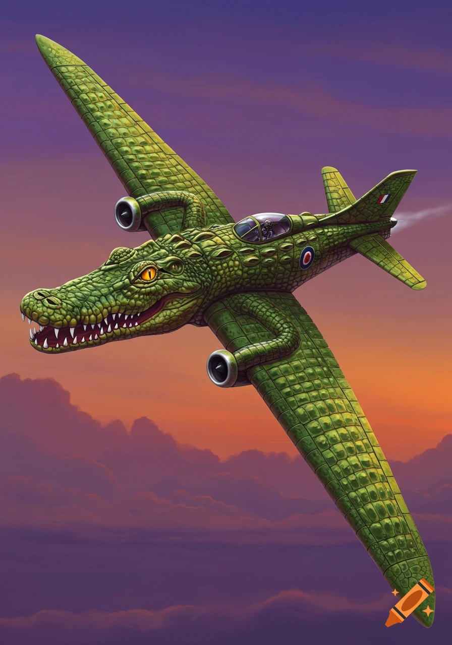 A green airplane shaped like a crocodile flies through a sunset sky. on ...