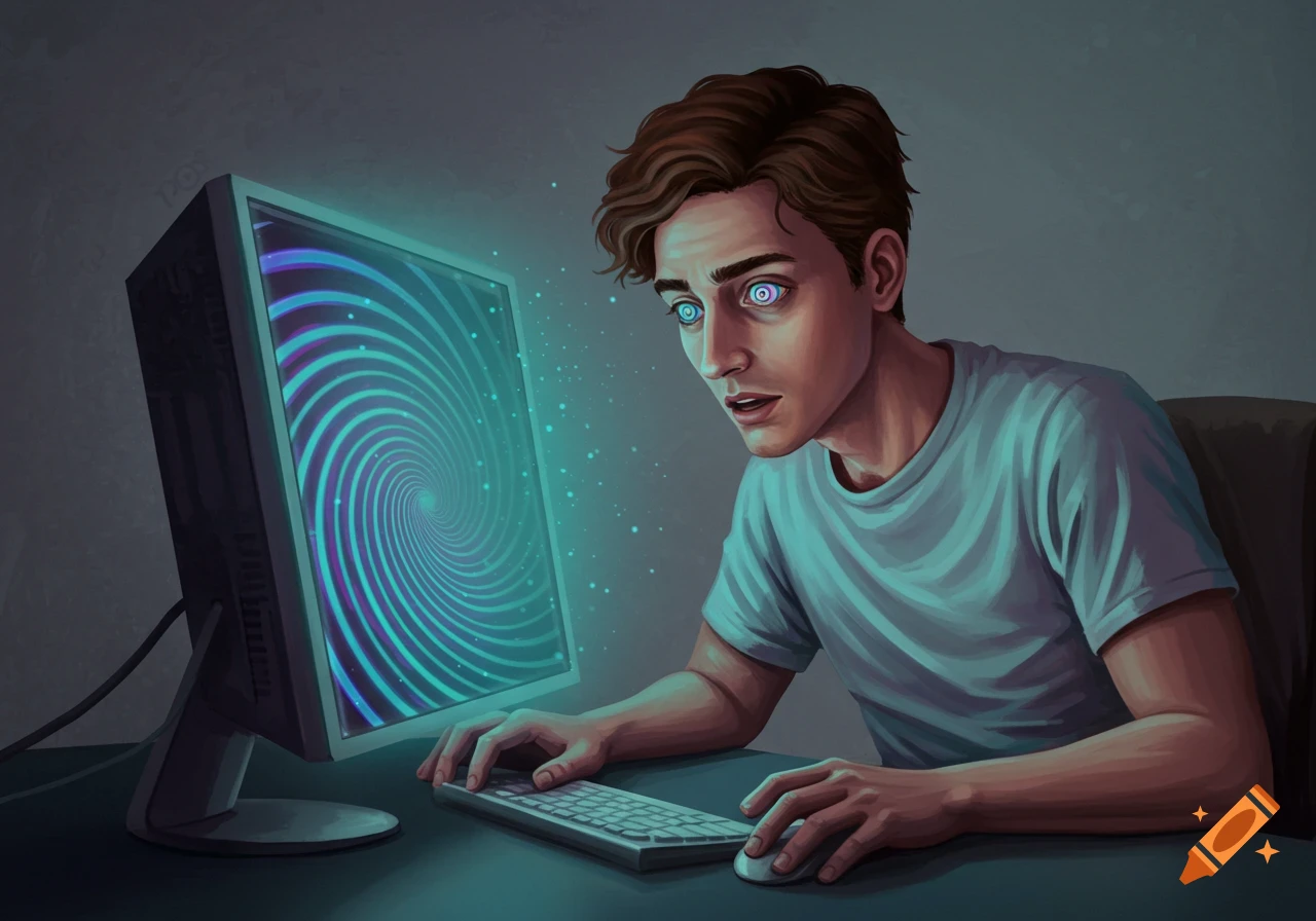 A man with spiraling eyes stares intently at a computer screen ...