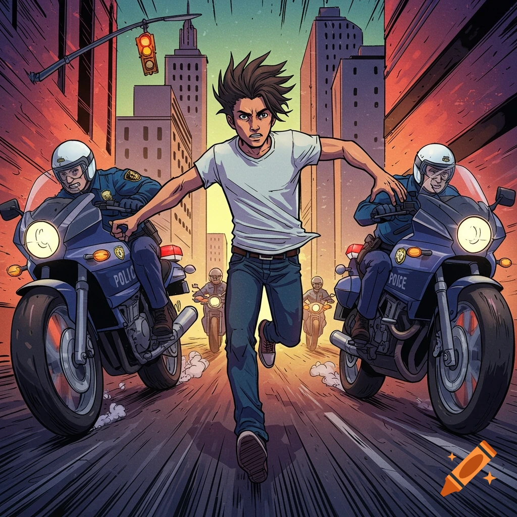 Comic book art of a man running from police on motorcycles in a city ...