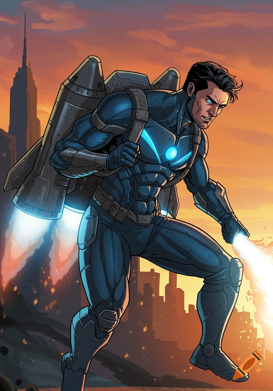 Comic art of a superhero with a jetpack flying over a city skyline at ...