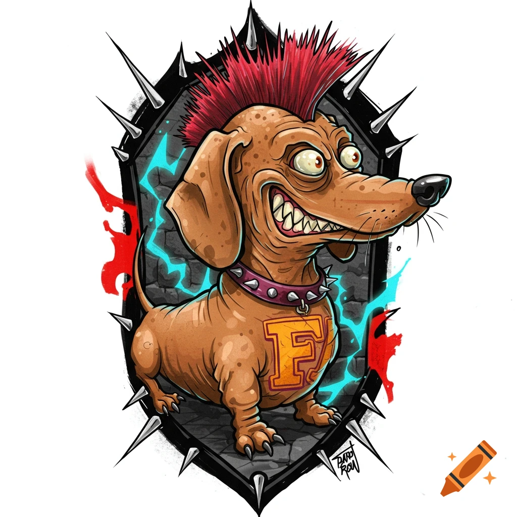 Cartoon dachshund with red mohawk and spiked collar in Rat Fink style ...
