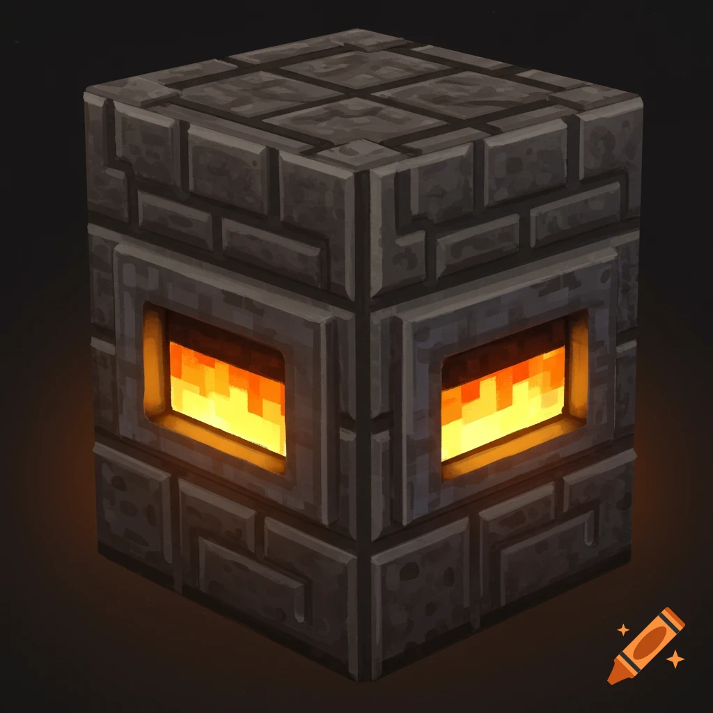 An isometric view of a Minecraft furnace with glowing fire visible ...