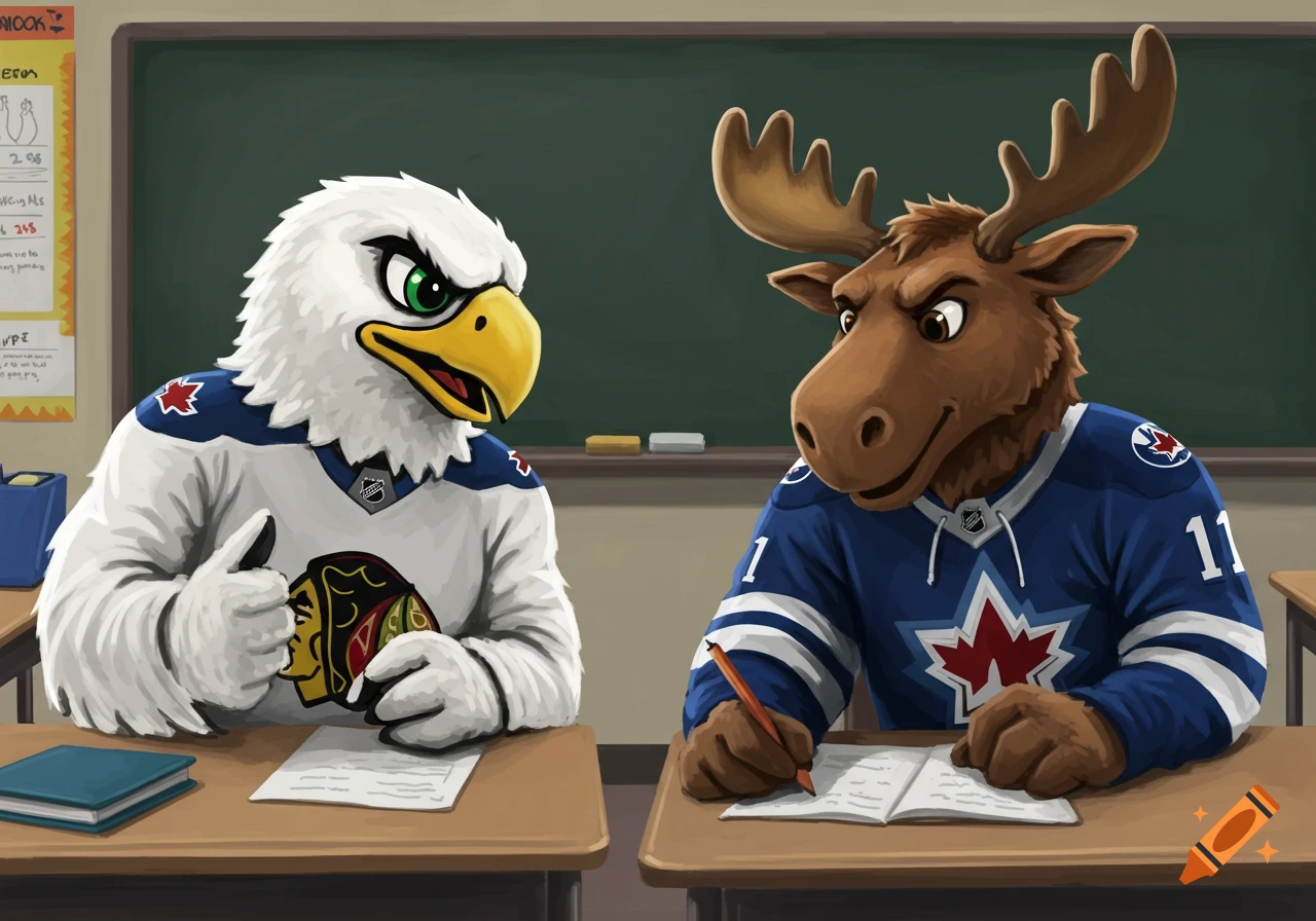 An eagle mascot and a moose mascot in hockey jerseys sit at desks in a ...