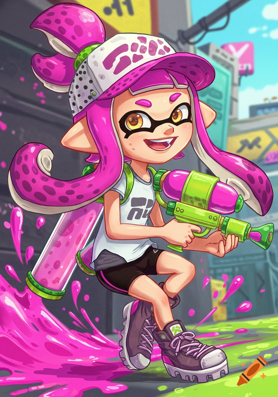 Cartoon Inkling character from Splatoon holding an ink gun and ...