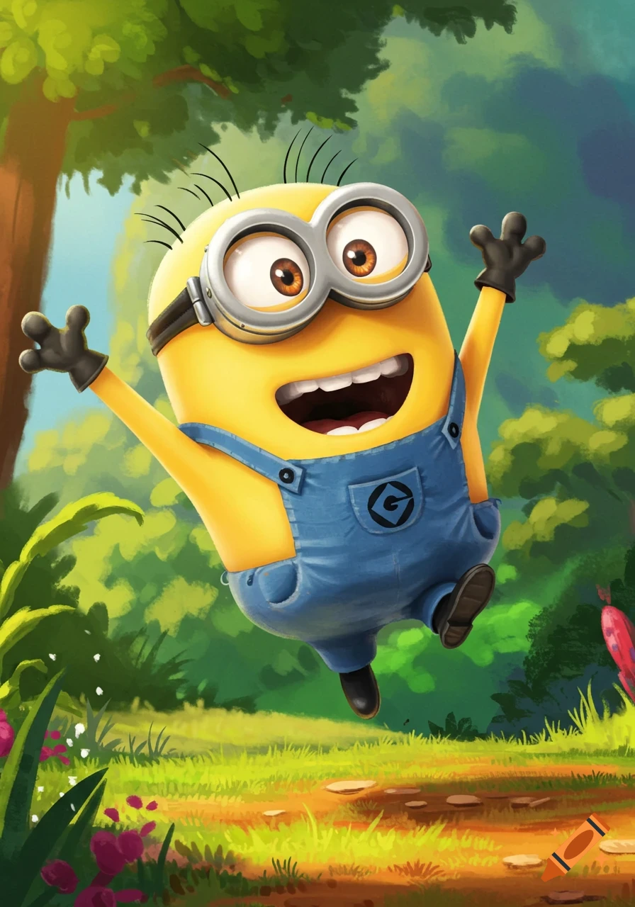 A yellow Minion cartoon character jumps happily with arms raised in a ...