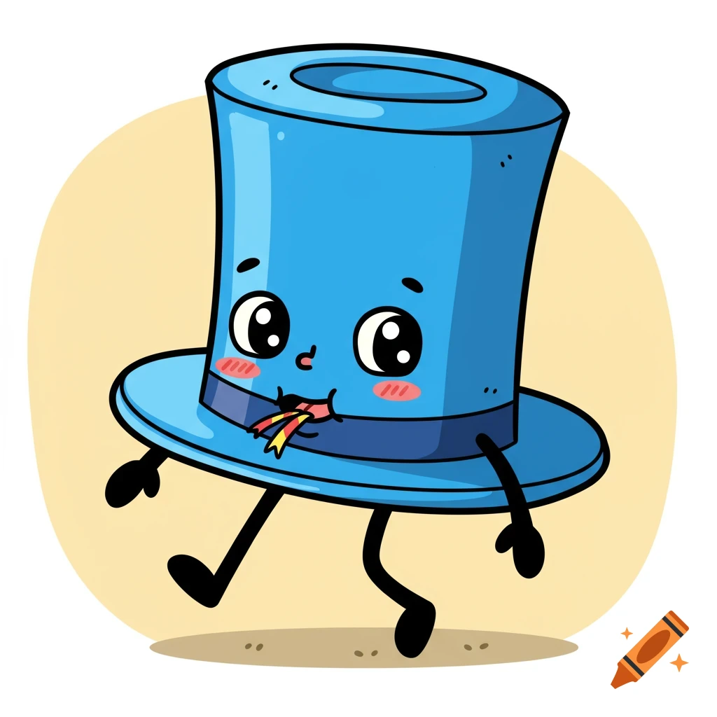 A cartoon blue top hat character with a face and limbs, chewing on Craiyon