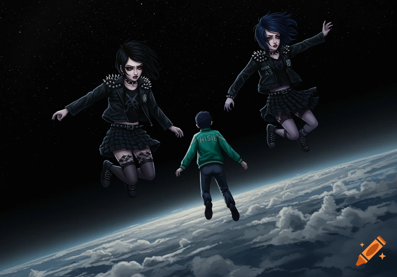 Three figures, two goth girls and a boy in a green jacket, float above ...