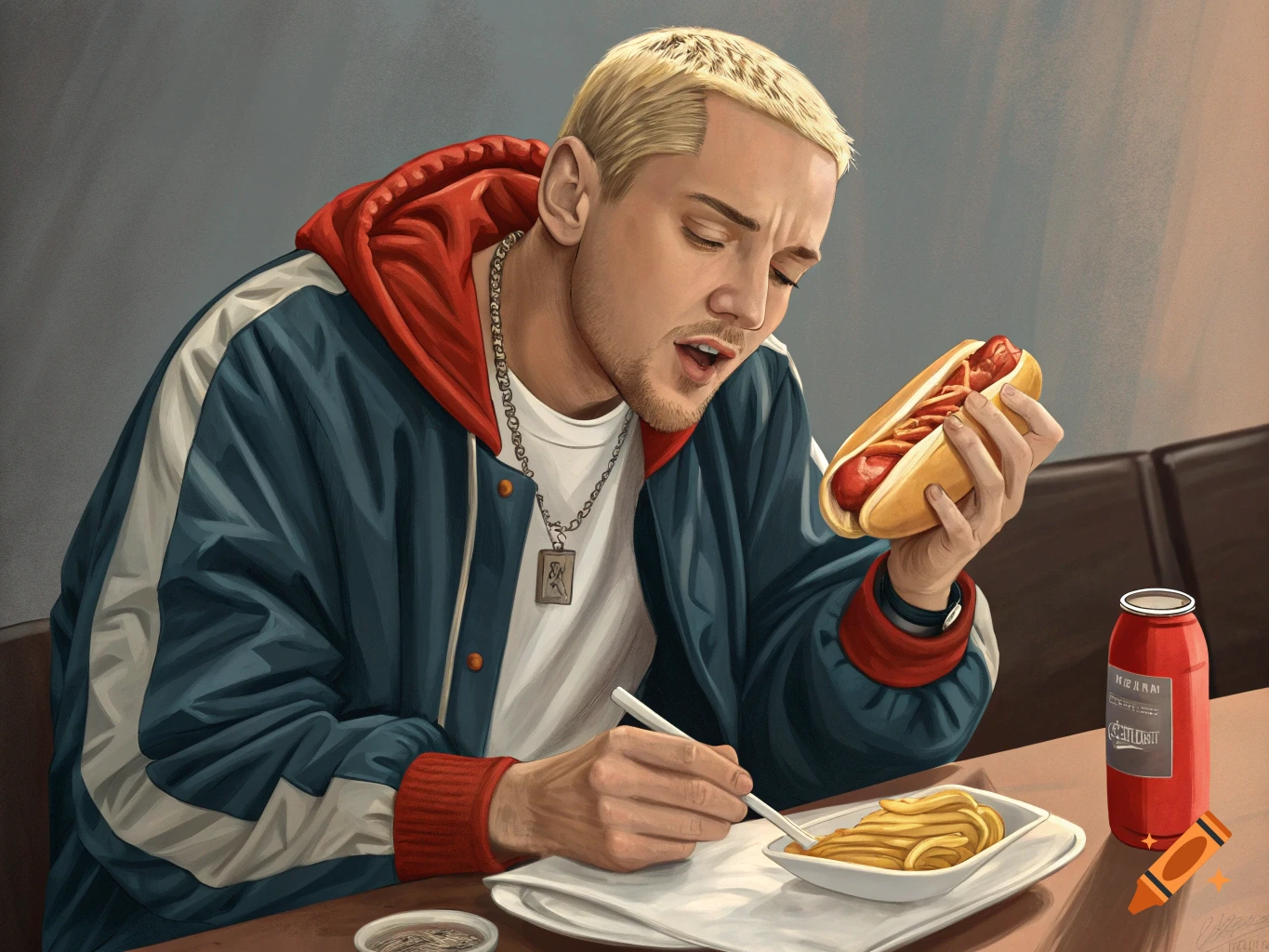 Realistic illustration of a person resembling Eminem in a jacket and ...
