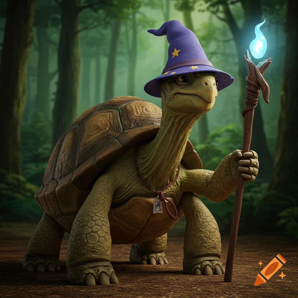 A tortoise wearing a wizard hat and holding a glowing staff stands in a forest. on Craiyon