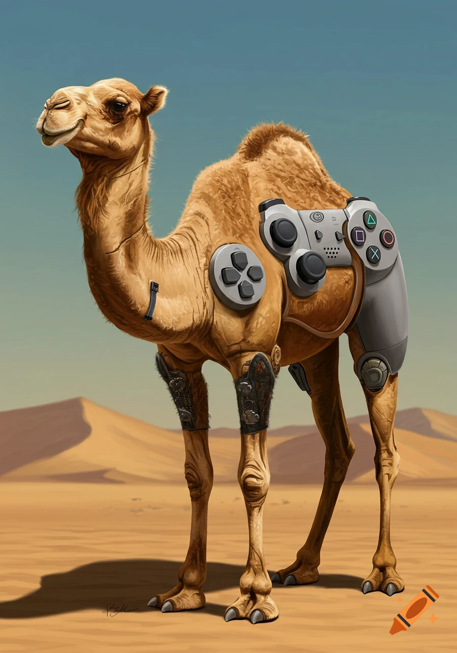 Hyperrealistic illustration of a camel with parts of a PlayStation ...