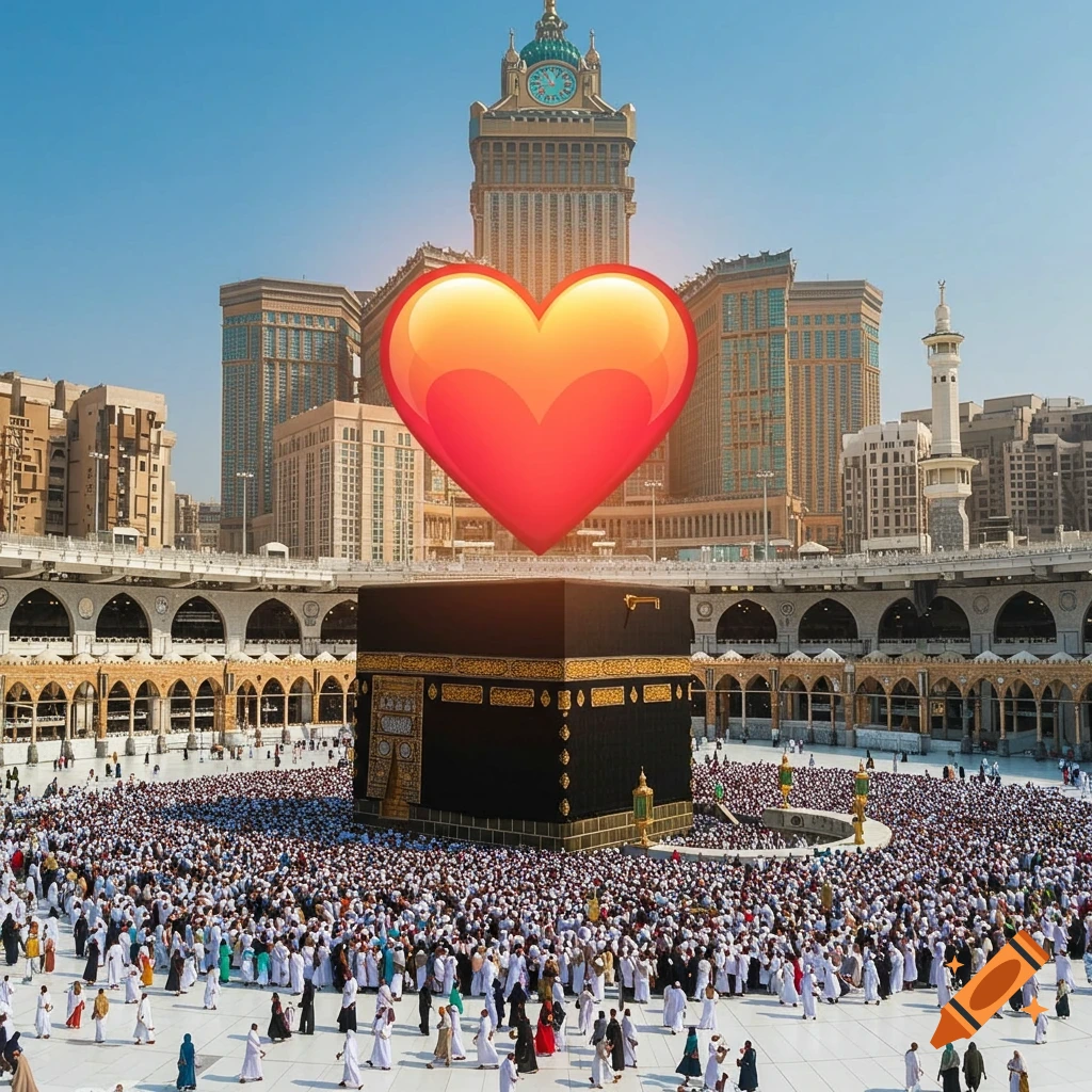 Heart above the Kaaba in Mecca with pilgrims and buildings under a ...