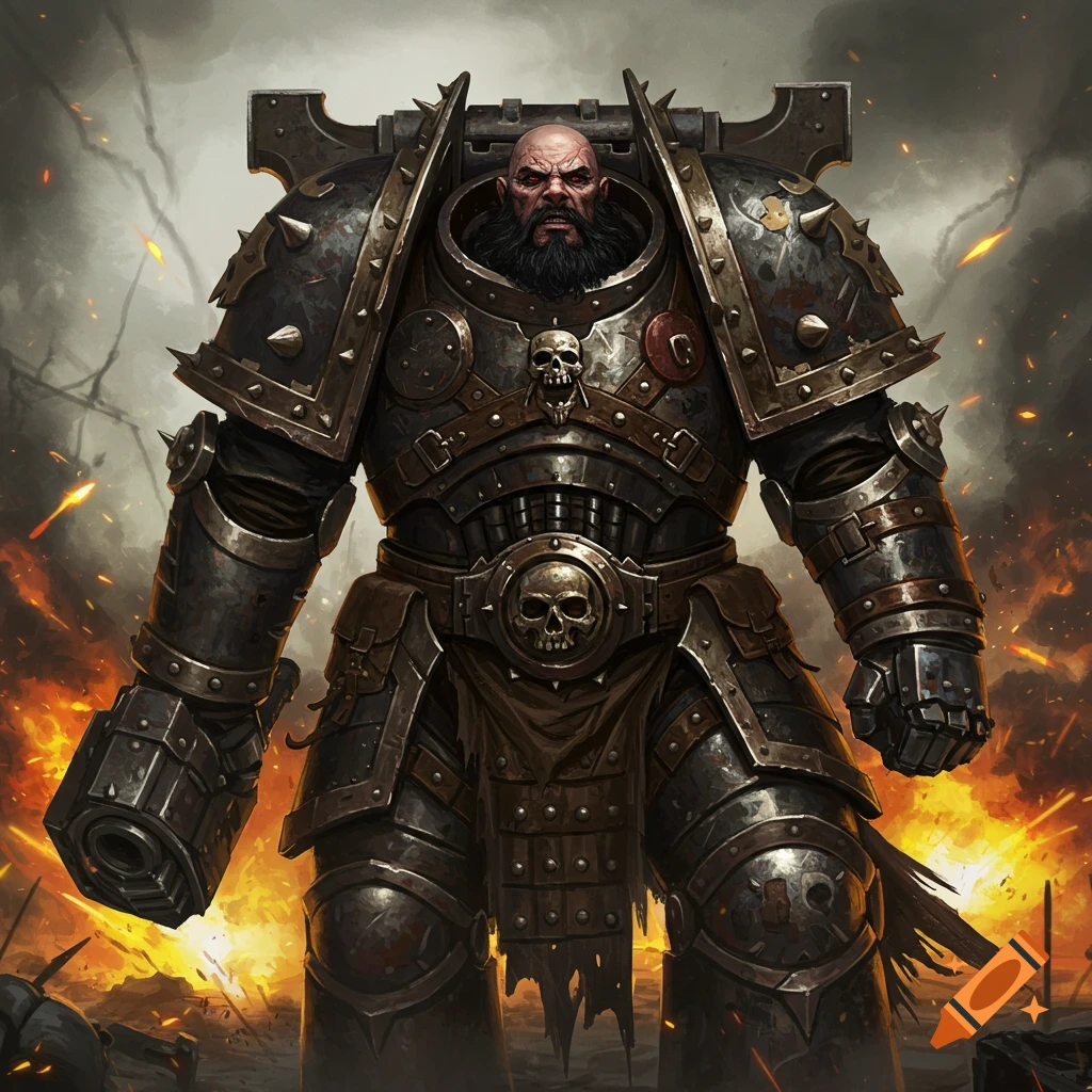 A heavily armored Warhammer 40k Ogryn stands in a fiery battleground ...