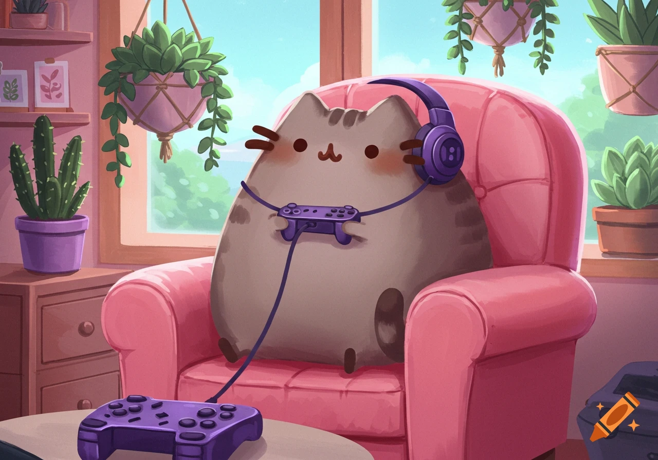 Illustration of Pusheen the cat sitting in a pink chair, playing a ...