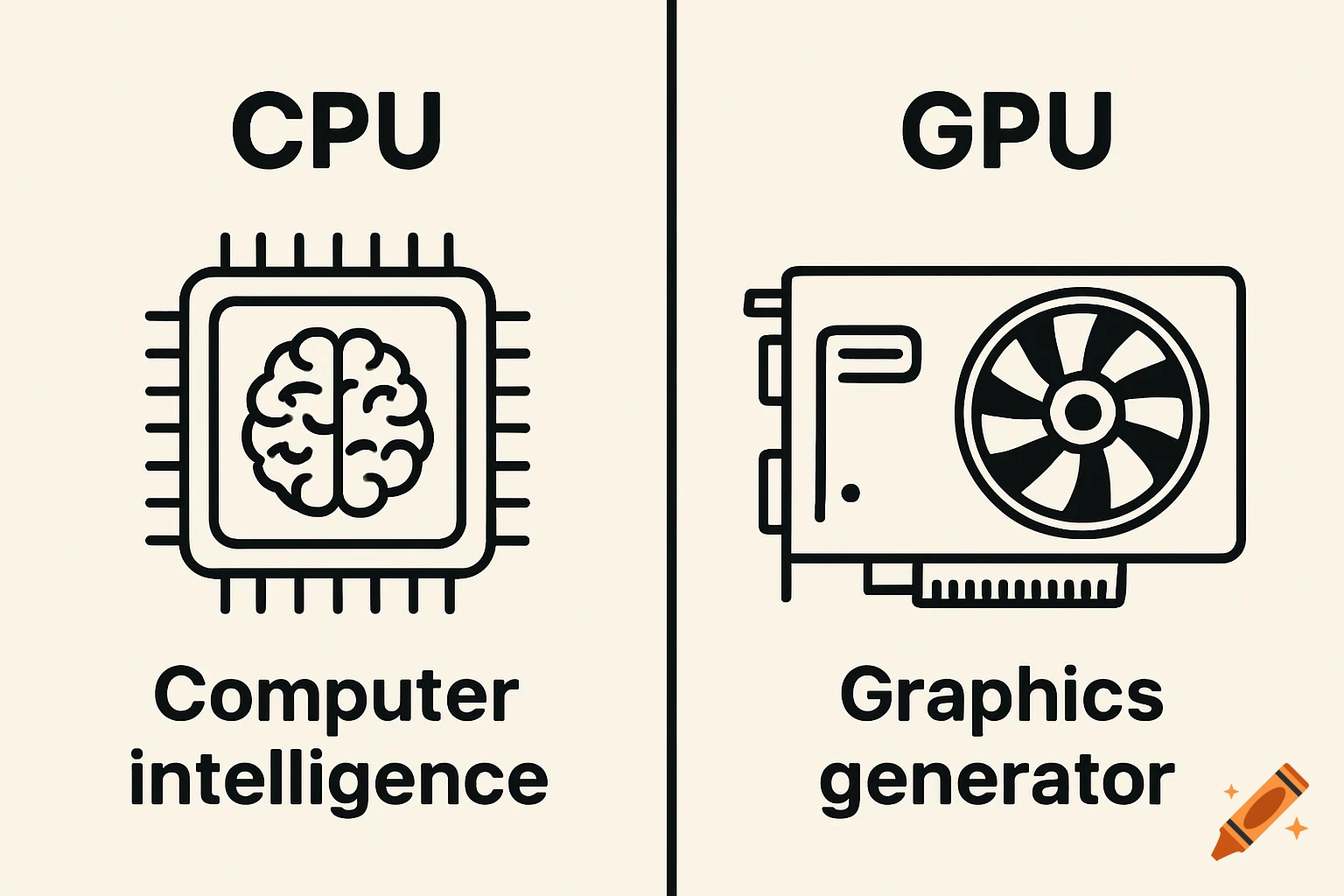Illustration comparing CPU and GPU with text labels explaining their ...