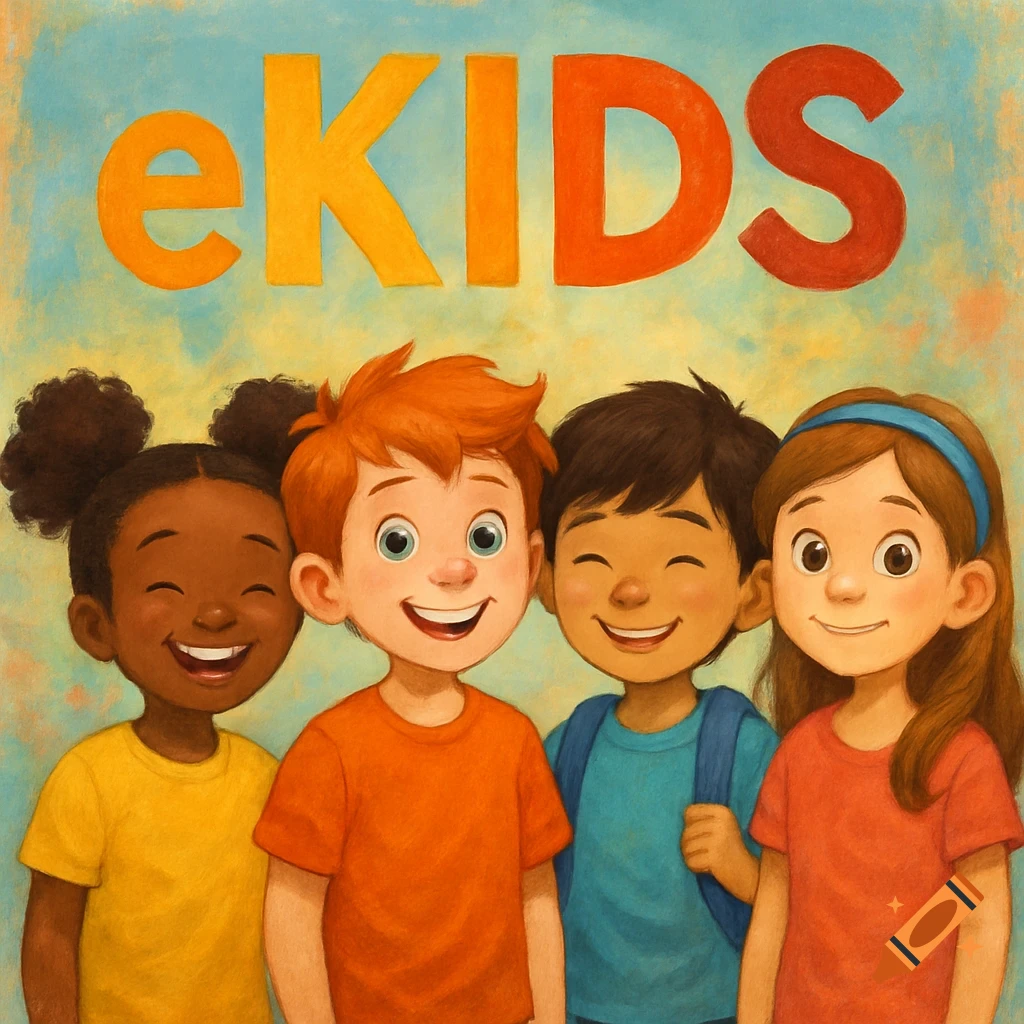 Illustration of four smiling children below the text eKIDS. on Craiyon