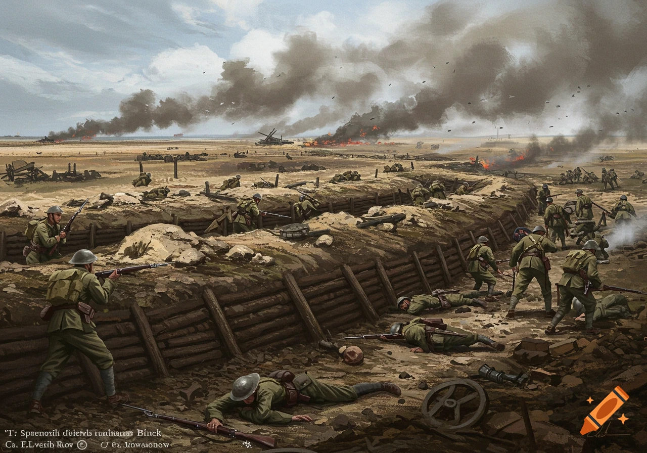 Illustration of soldiers in trenches on a battlefield with explosions ...