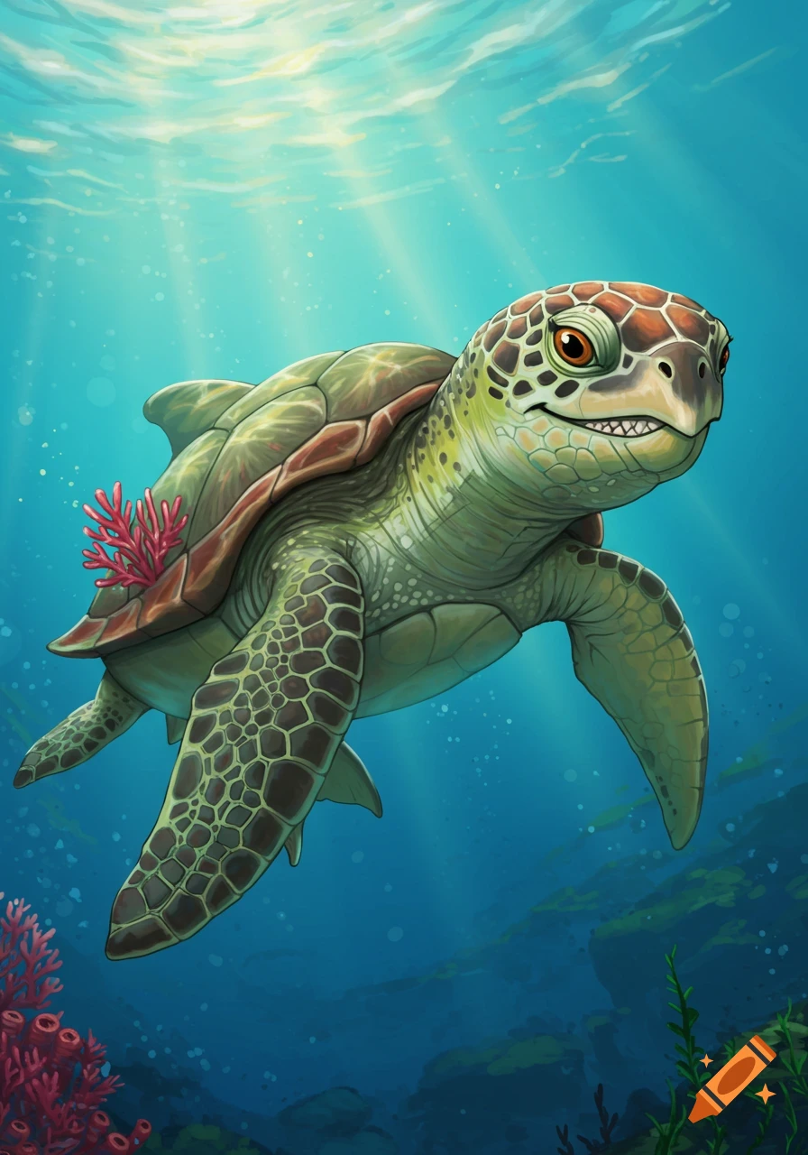 Illustration of a turtle-dolphin hybrid swimming underwater on Craiyon
