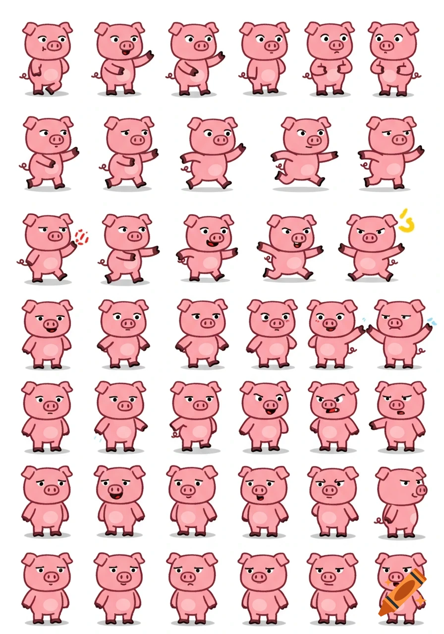 Sprite sheet of a pink cartoon pig in various poses and expressions on ...