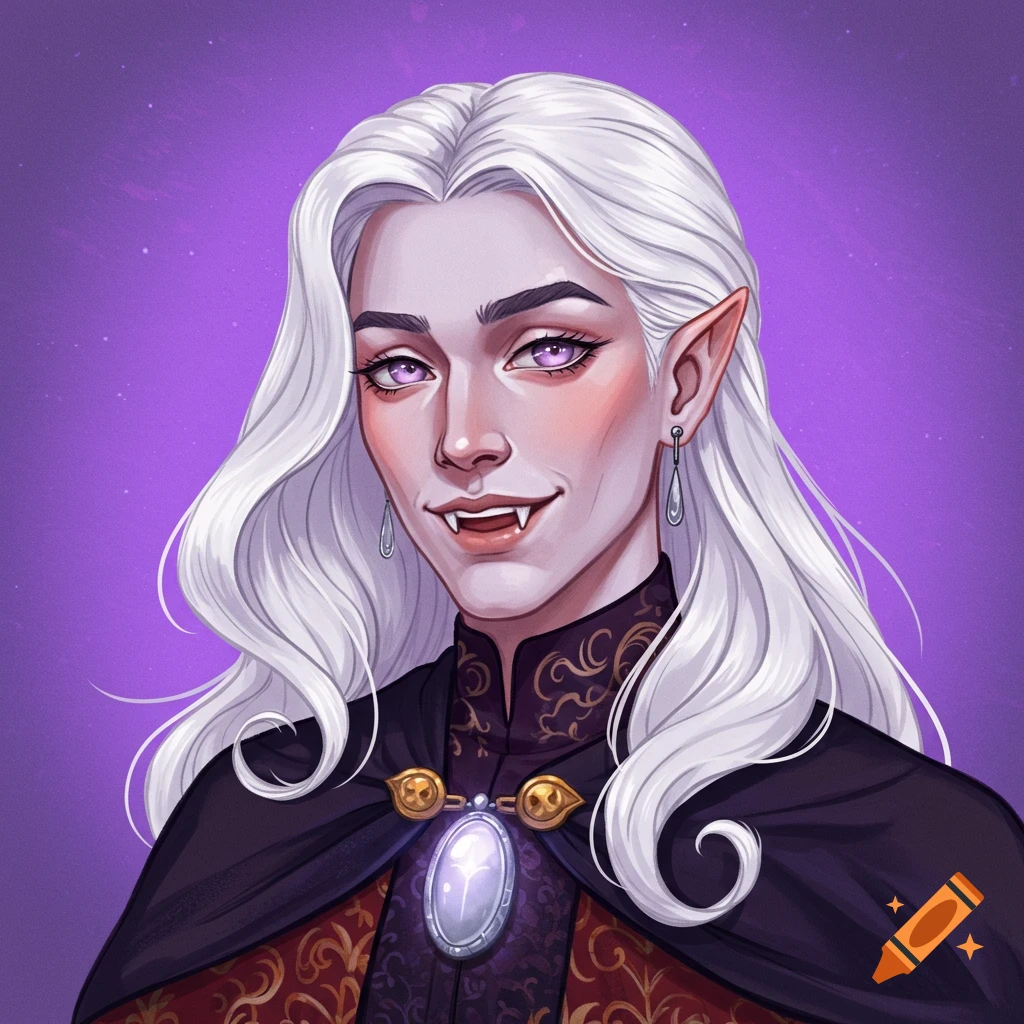 Illustration of a vampire with white hair, purple eyes, fangs, and ...