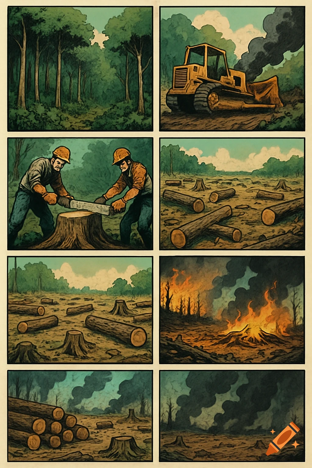 Comic strip illustrating deforestation: dense forest, bulldozer ...
